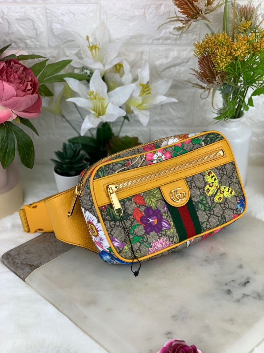 구찌 오피디아 GG 수프림 플라워 프린팅 가죽 라인 트리밍 벨트백 574796 옐로우 | 상품 상세 | 크로켓